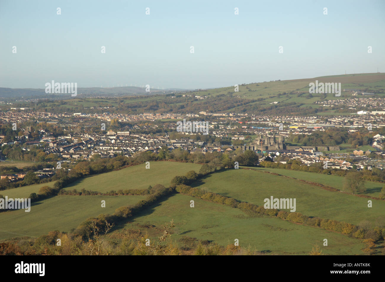 Carphilly Town and castle from Rudry Mountain Stock Photo - Alamy