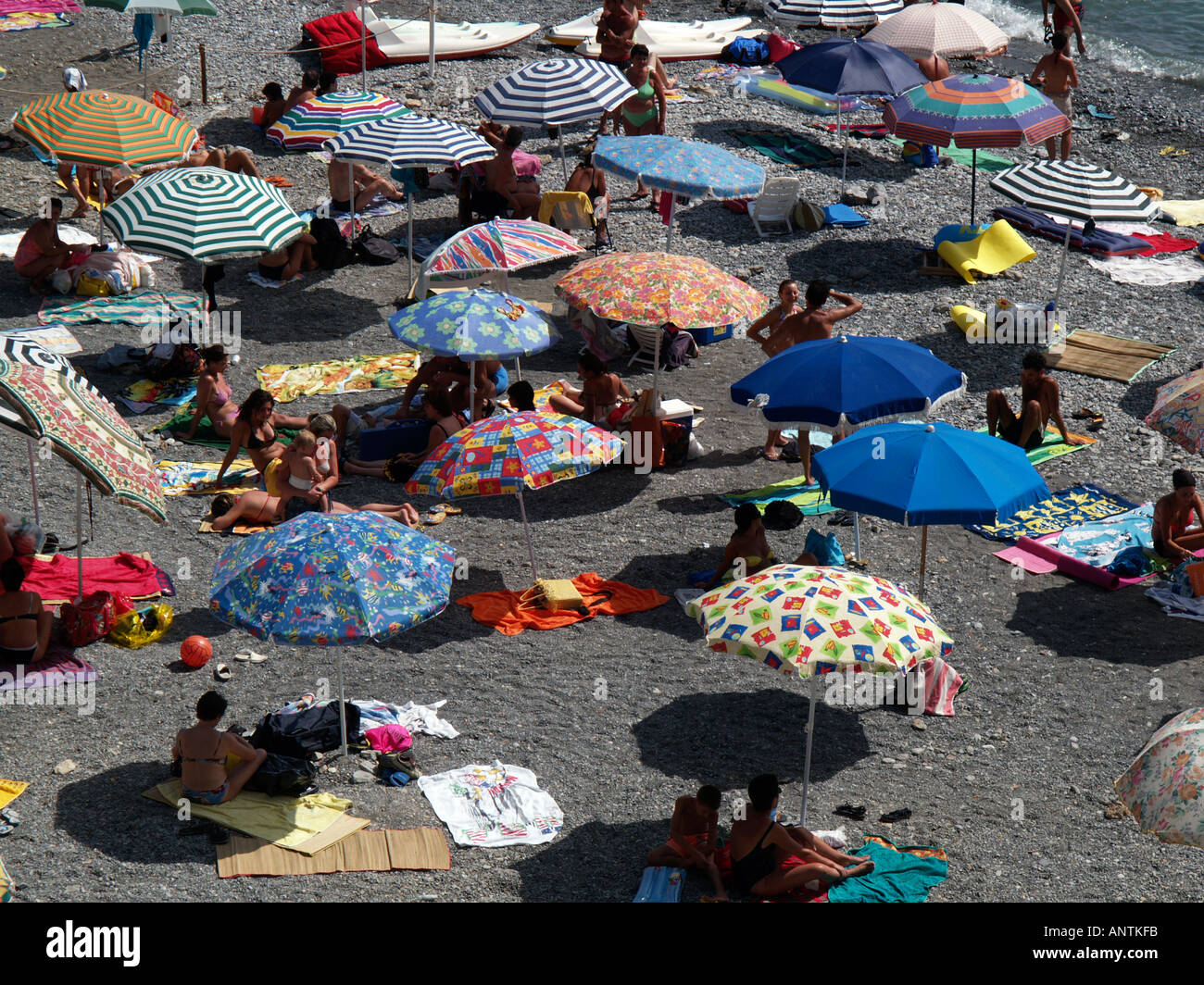 cluster of beach umbrellas on beach of black sand Stock Photo - Alamy