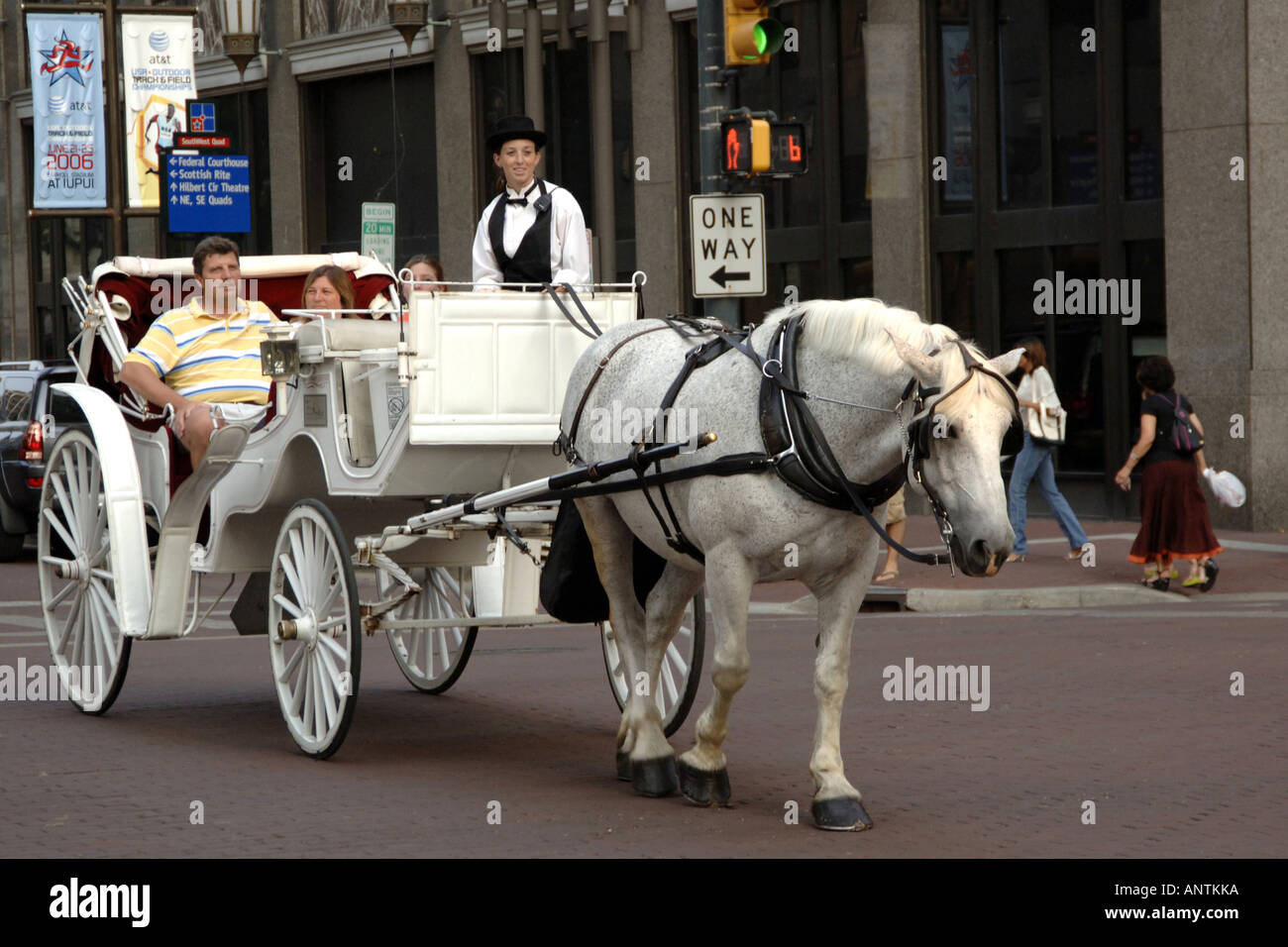Tourists enjoying a horse drawn buggy ride in Indianapolis at night ...