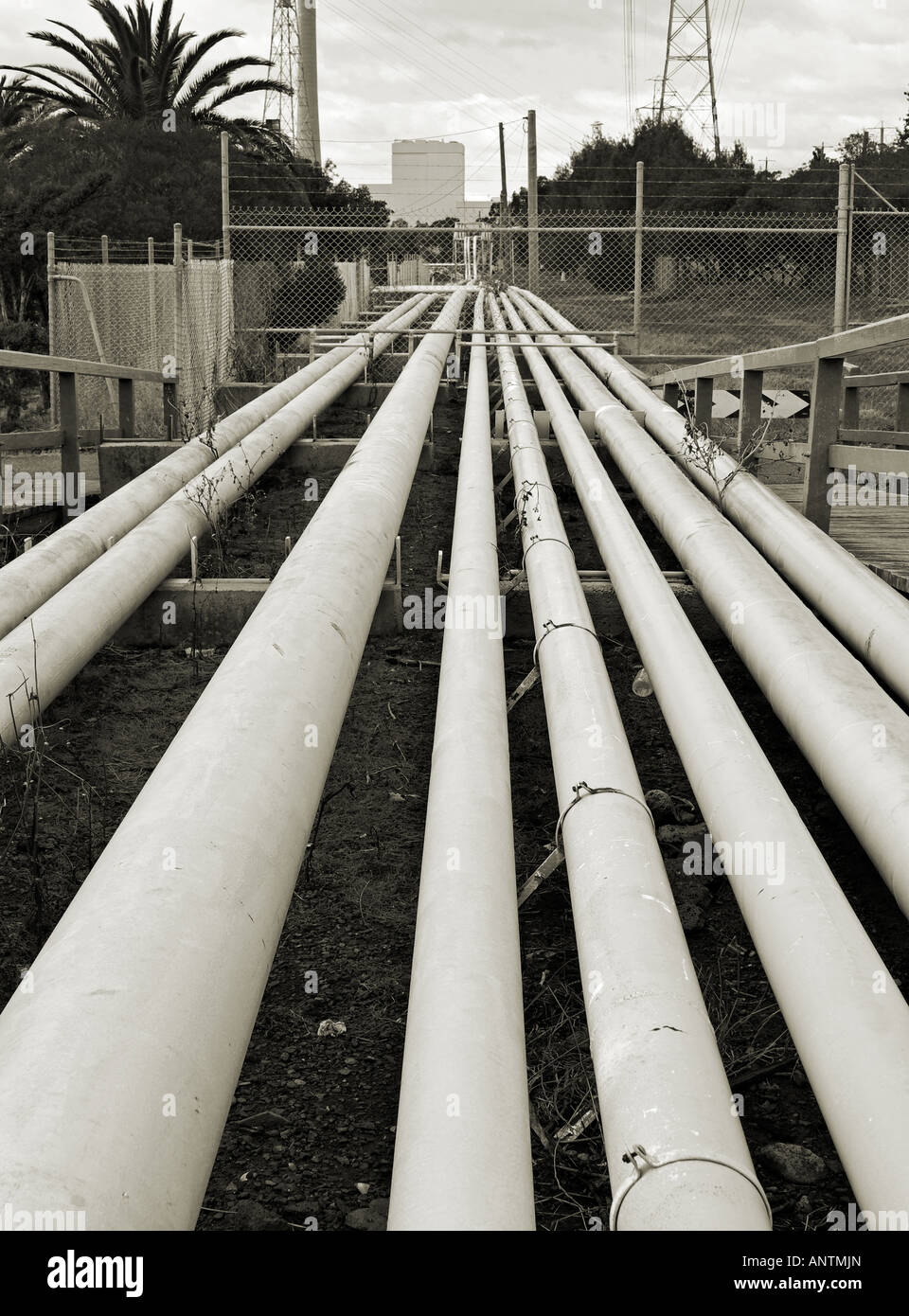 black and white image of long pipes stretch off into the distance Stock ...