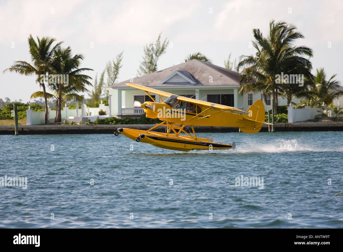 small yellow seaplane taking off close to shore Stock Photo - Alamy