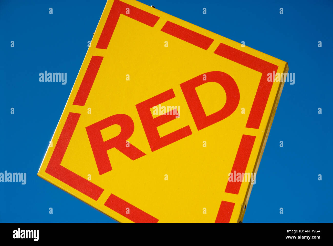 ROAD SIGN READING RED ON BLUE SKY BACKGROUND Stock Photo - Alamy