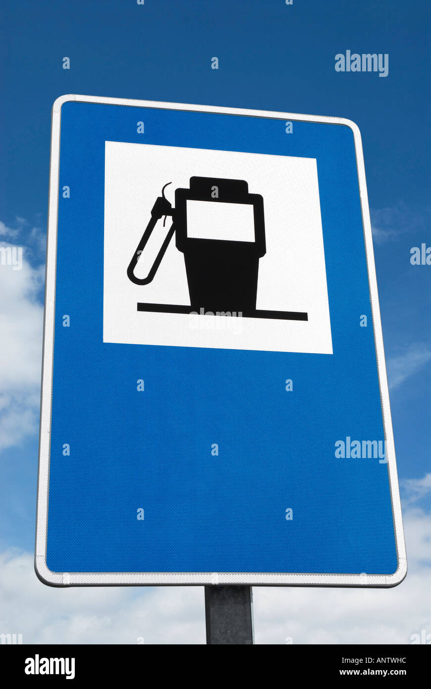 TRAFFIC SIGN. GAS STATION INFORMATION SIGN ON BLUE SKY BACKGROUND Stock ...