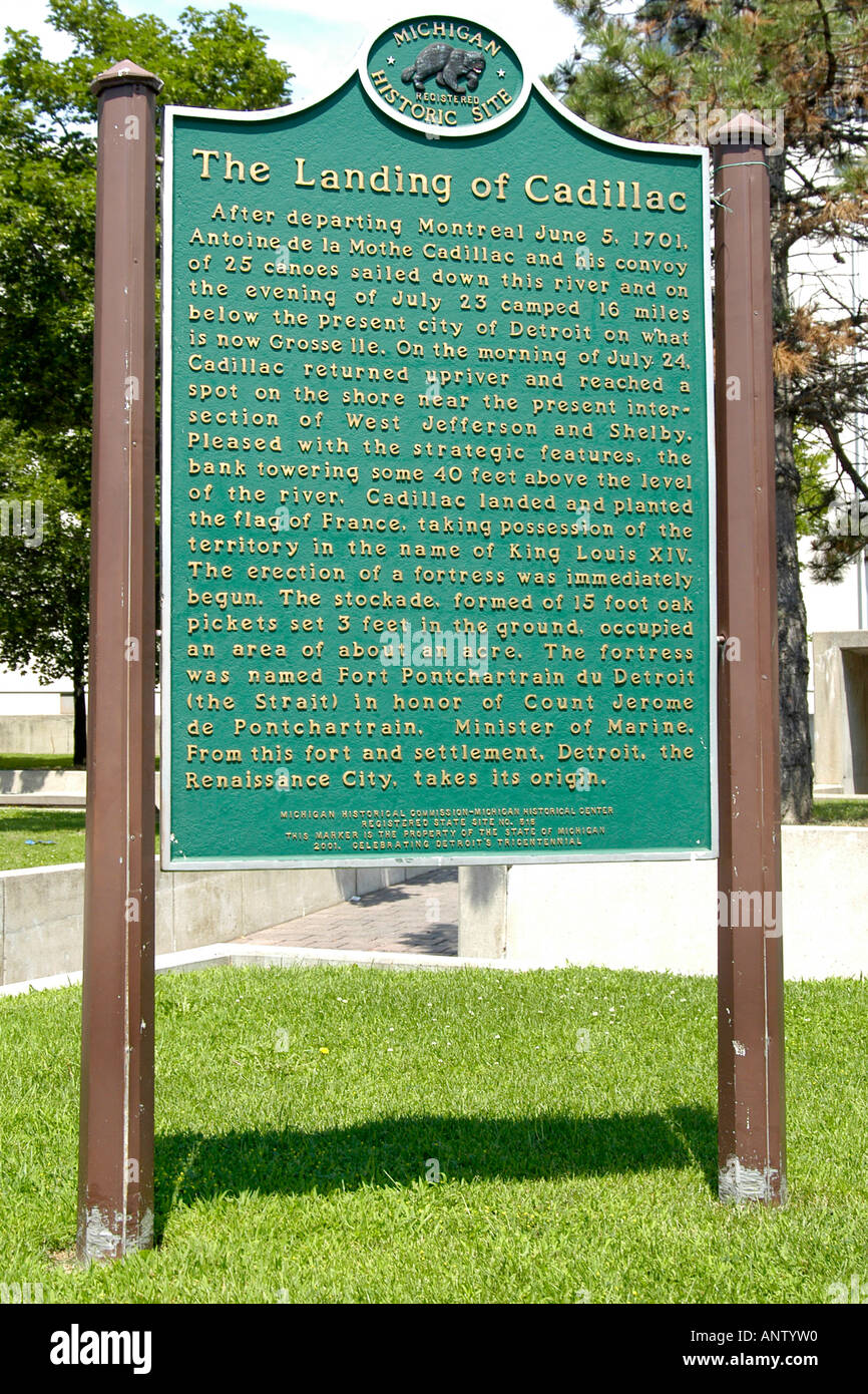 History plaque of the founding of Detroit Michigan MI Stock Photo - Alamy