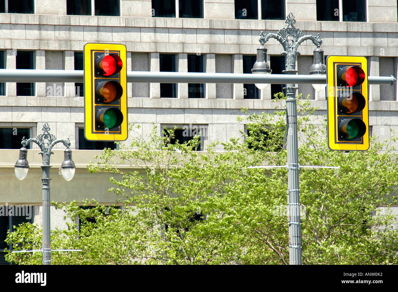 Overhead traffic lights showing Red to STOP in downtown Detroit ...