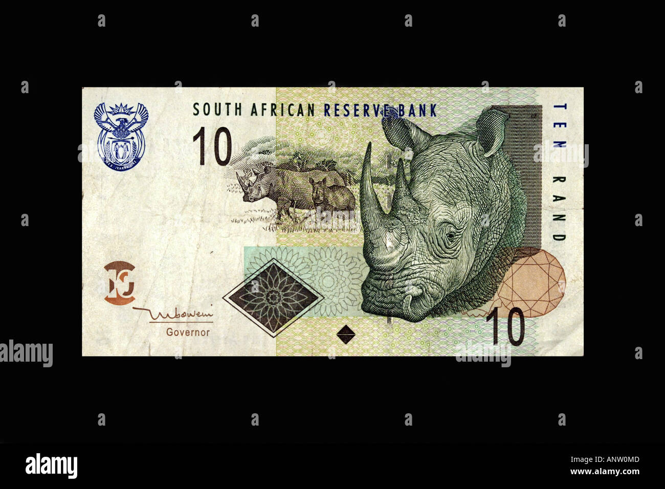 A Ten Rand South African note against a black background Stock Photo ...