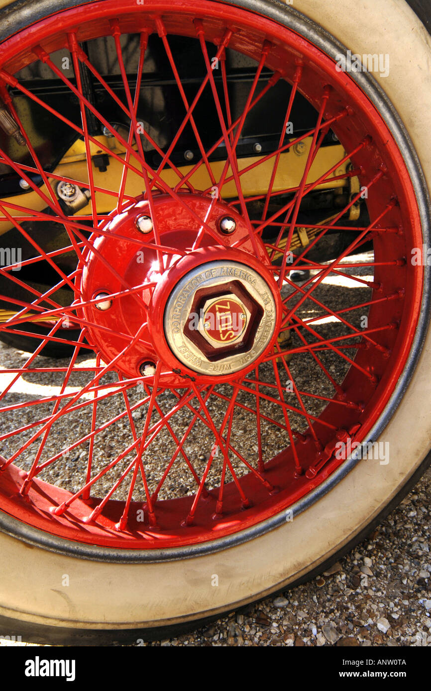 Close up of a 1920s Stutz red wire spoke wheel with white wall tire ...