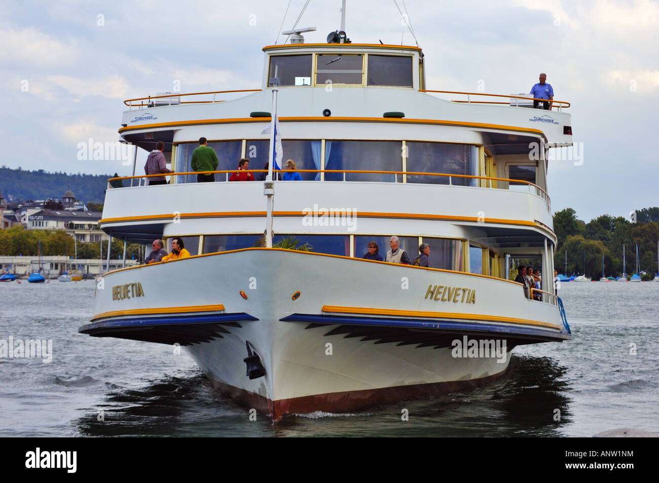 Swiss tour boat on the lake at Zurich Zurichsee coming in to harbour ...