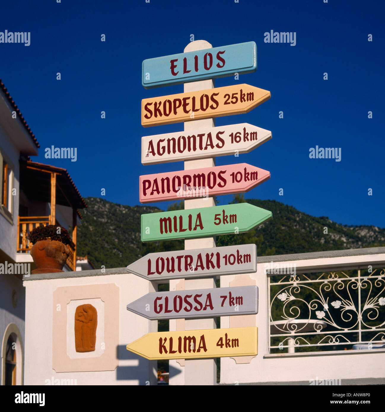 Colourful signpost with destinations and distances in kilometres ...