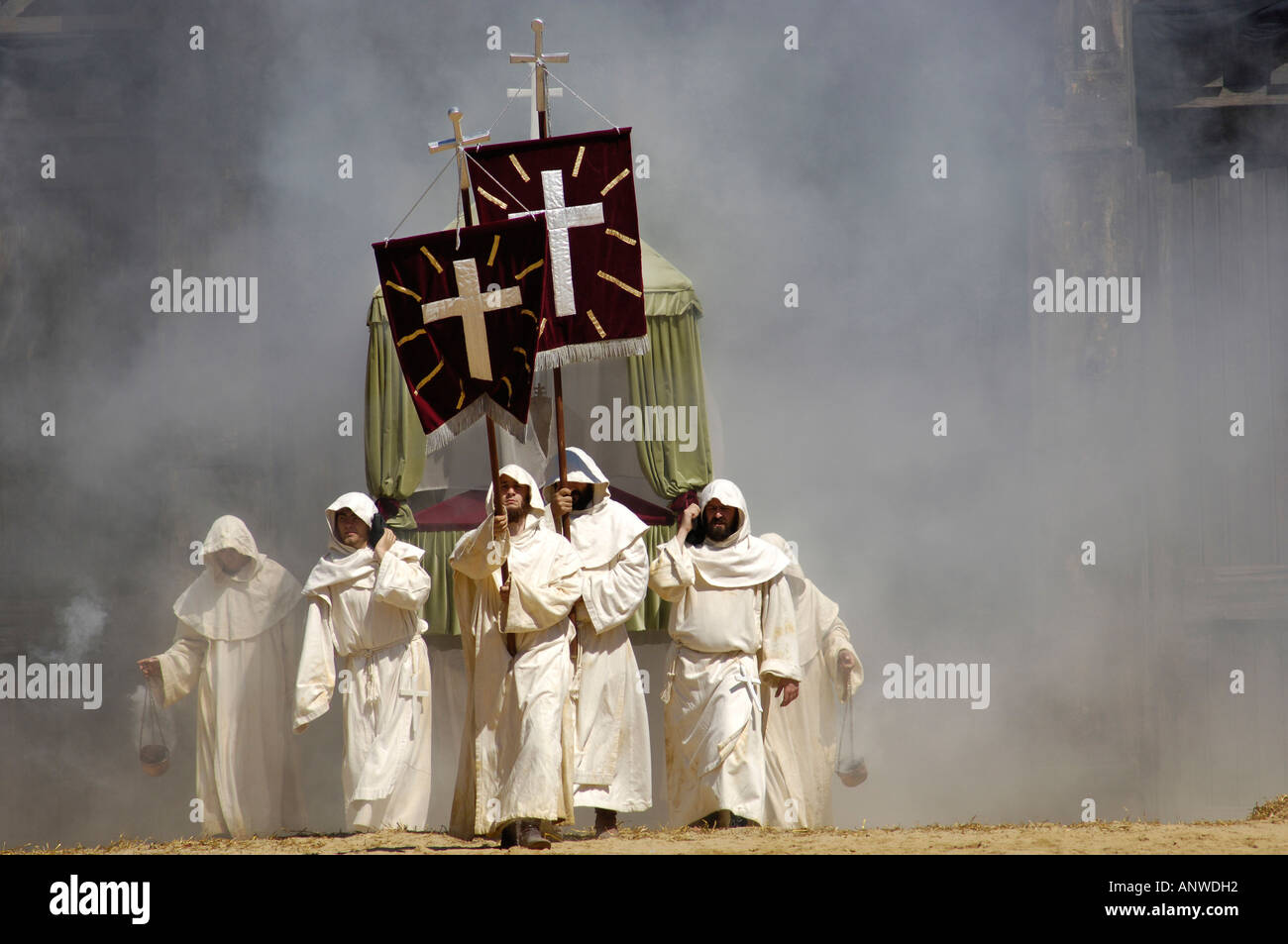 Monks in white cowls carries red flags with cross are befog, knight ...