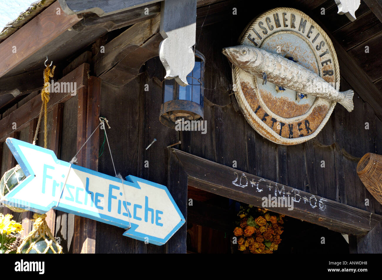 House entrance of a fisher with Sign "fresh fish", Upper Bavaria ...