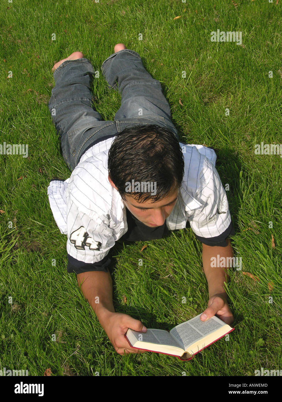 Male teen reading a book Stock Photo - Alamy