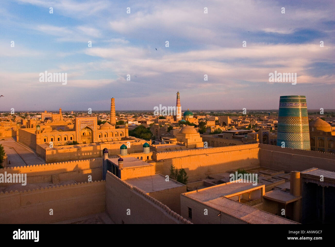 Panorama of the mud brick city of Khiva at sunset Khiva Uzbekistan ...