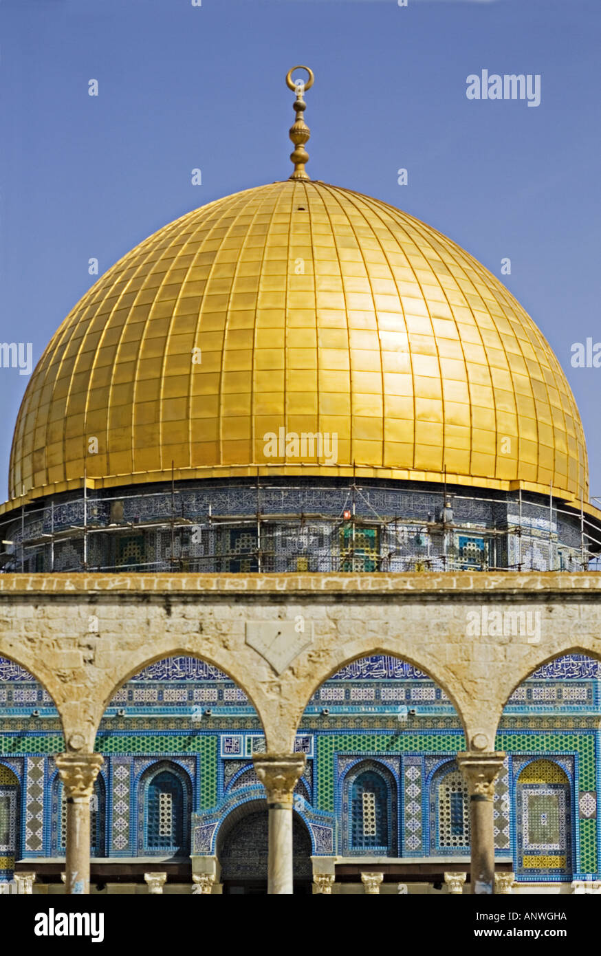 ISRAEL JERUSALEM Golden dome and beautiful mosaic tiles of the Dome of ...