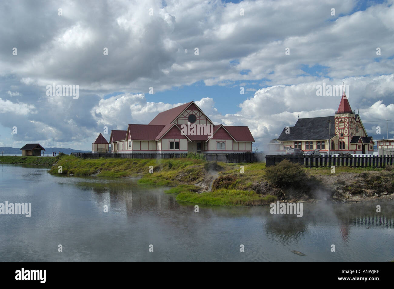 Church and a meeting house in the Maori village Ohinemutu, Rotorua ...