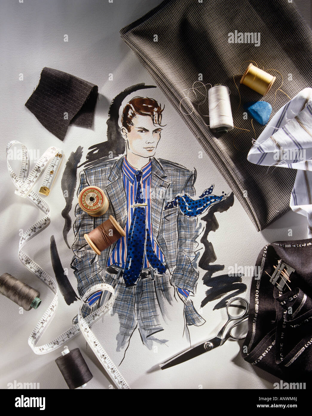 Male Fashion Drawing With Seamstress Materials Stock Photo - Alamy