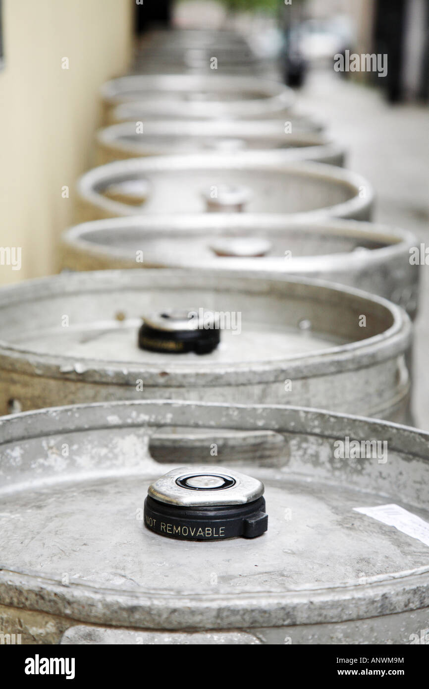 A line of beer casks outside of a pub Stock Photo - Alamy