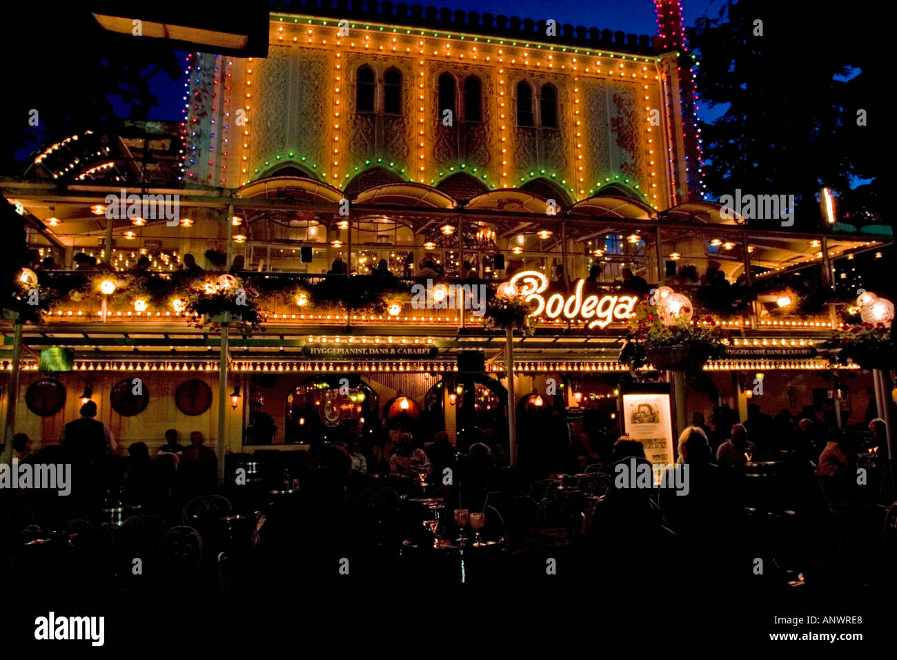 Bodega Restaurant Bazaar area of Tivoli Gardens at night Copenhagen ...