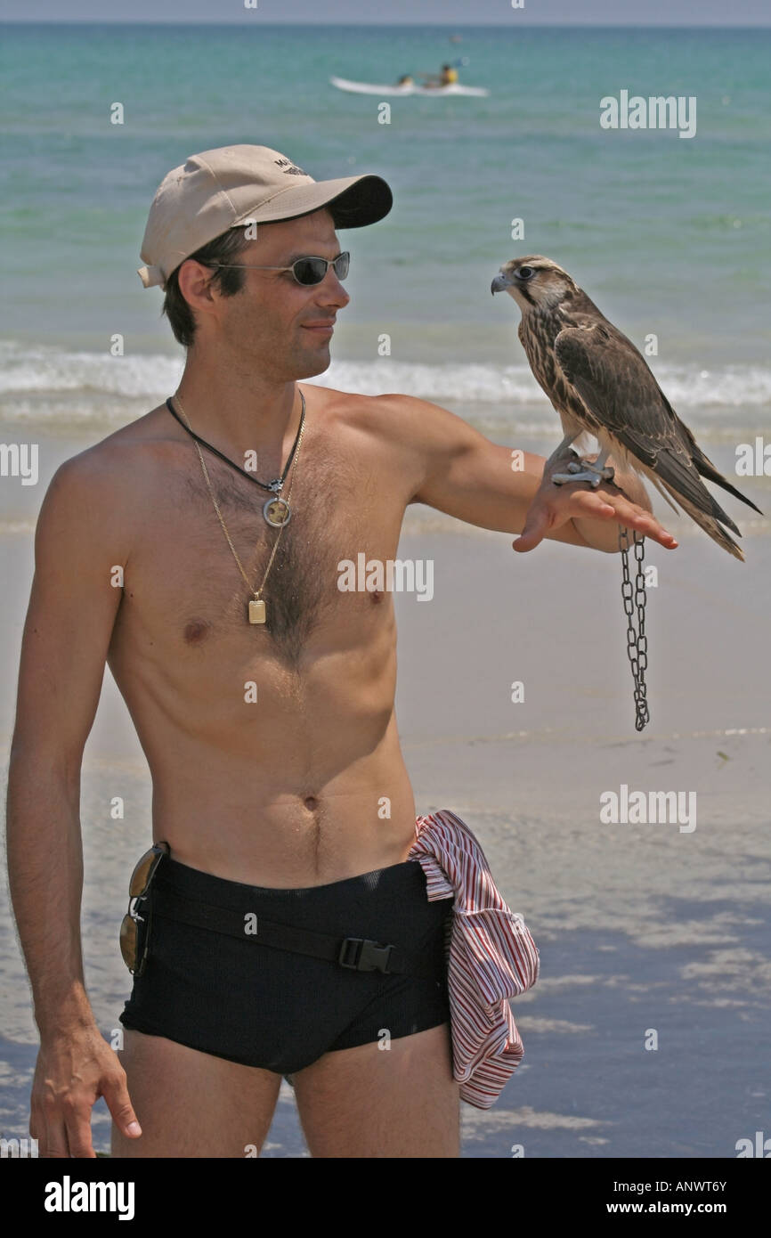 Man with the hawk on the hand on the beaches of Djerba, Tunisia Stock ...