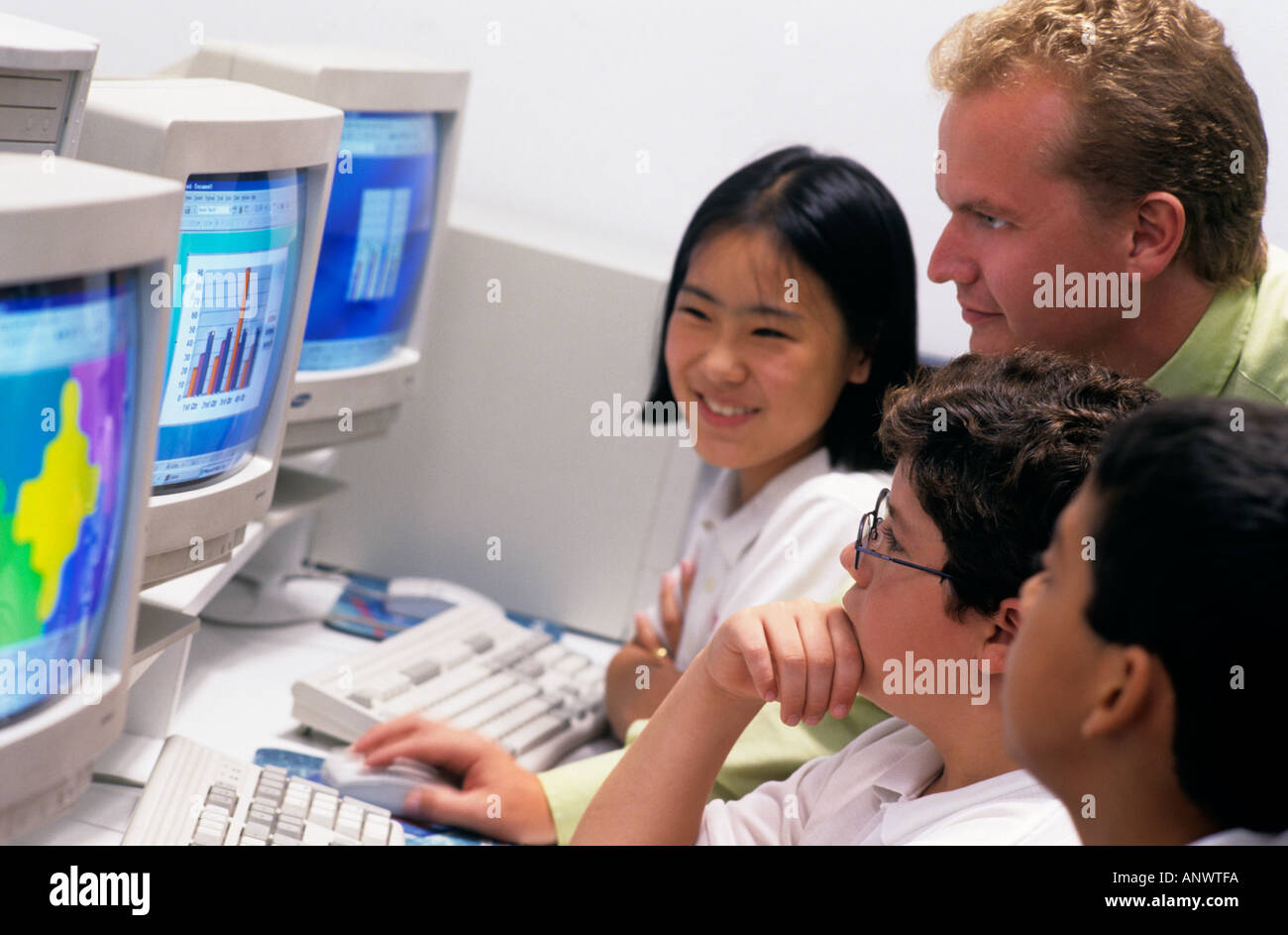 1990’s Computer Class Teacher and multiethnic 8-10 years junior school ...