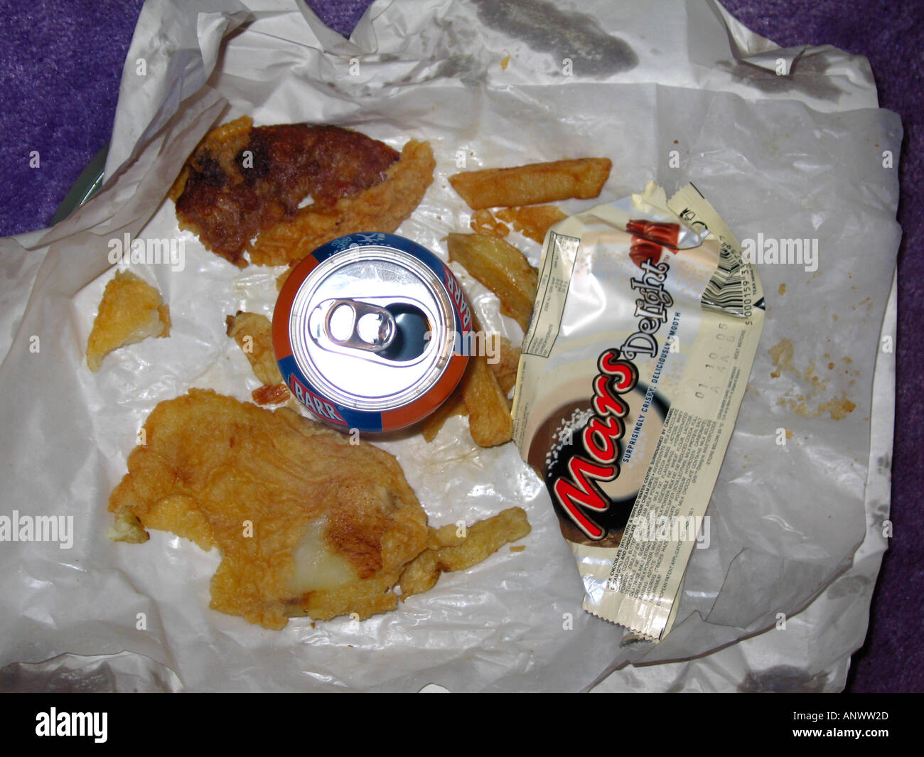 Half eaten junk food in wrapper with drink can and chocolate bar Stock ...