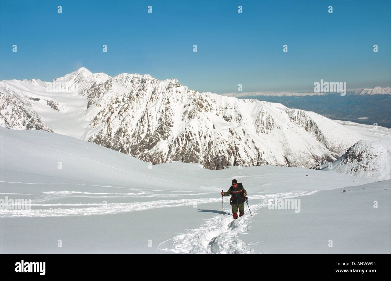 An alpinist climbing the Kupol Mountain The Northern Chuya Range Altai ...
