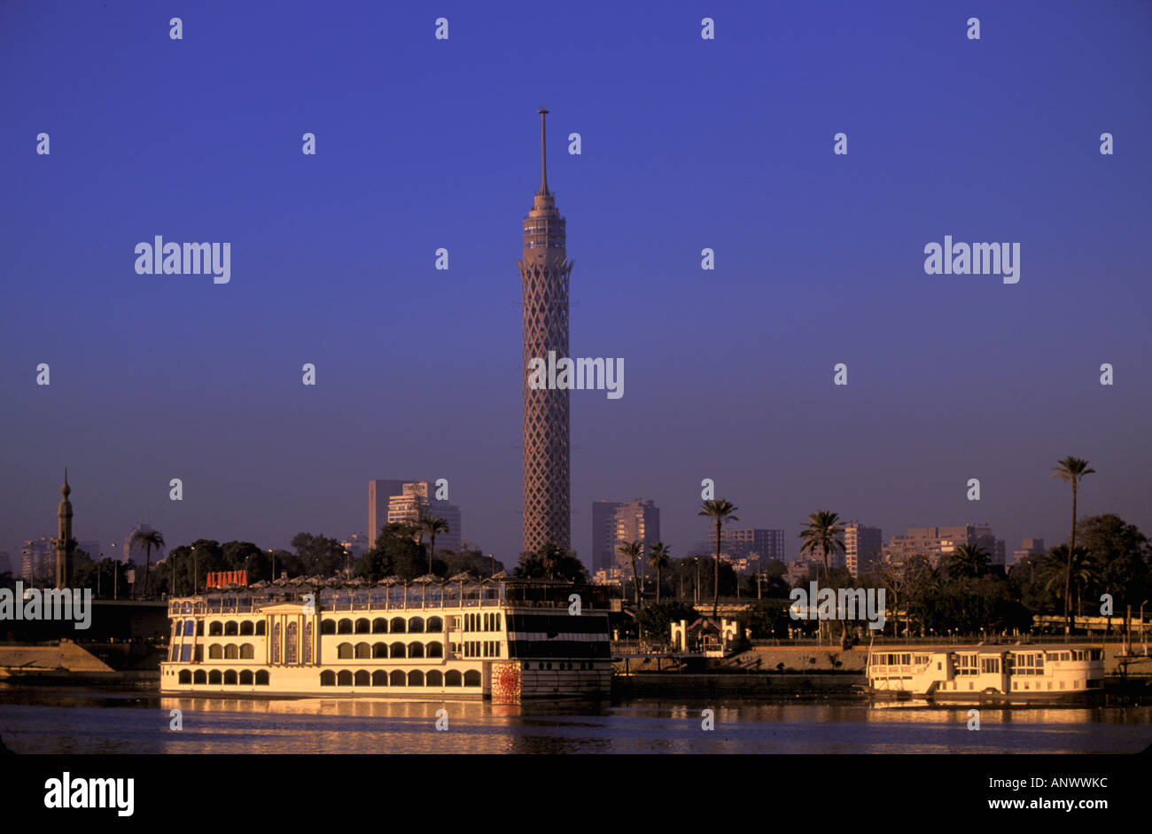 Africa, Egypt, Cairo. View of Cairo Tower from Nile River at dusk Stock ...