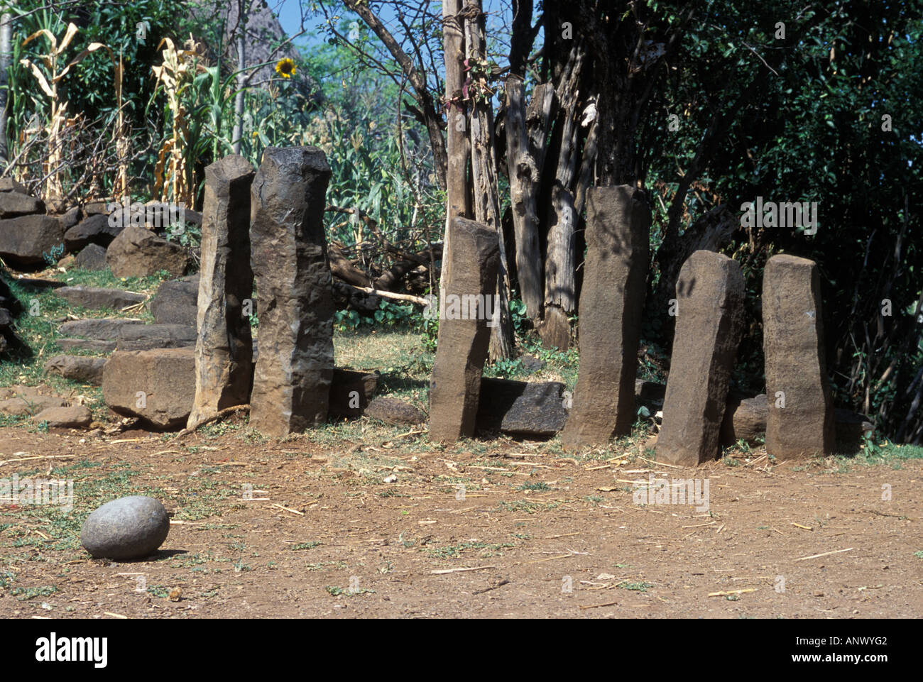 Africa, Ethiopia, Omo river region, Stone grave markers, called stelae ...