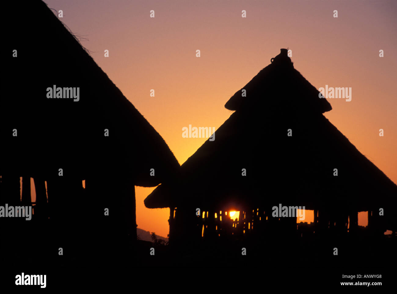 Africa, Ethiopia, Omo river region, Sunset behind traditional Konso ...