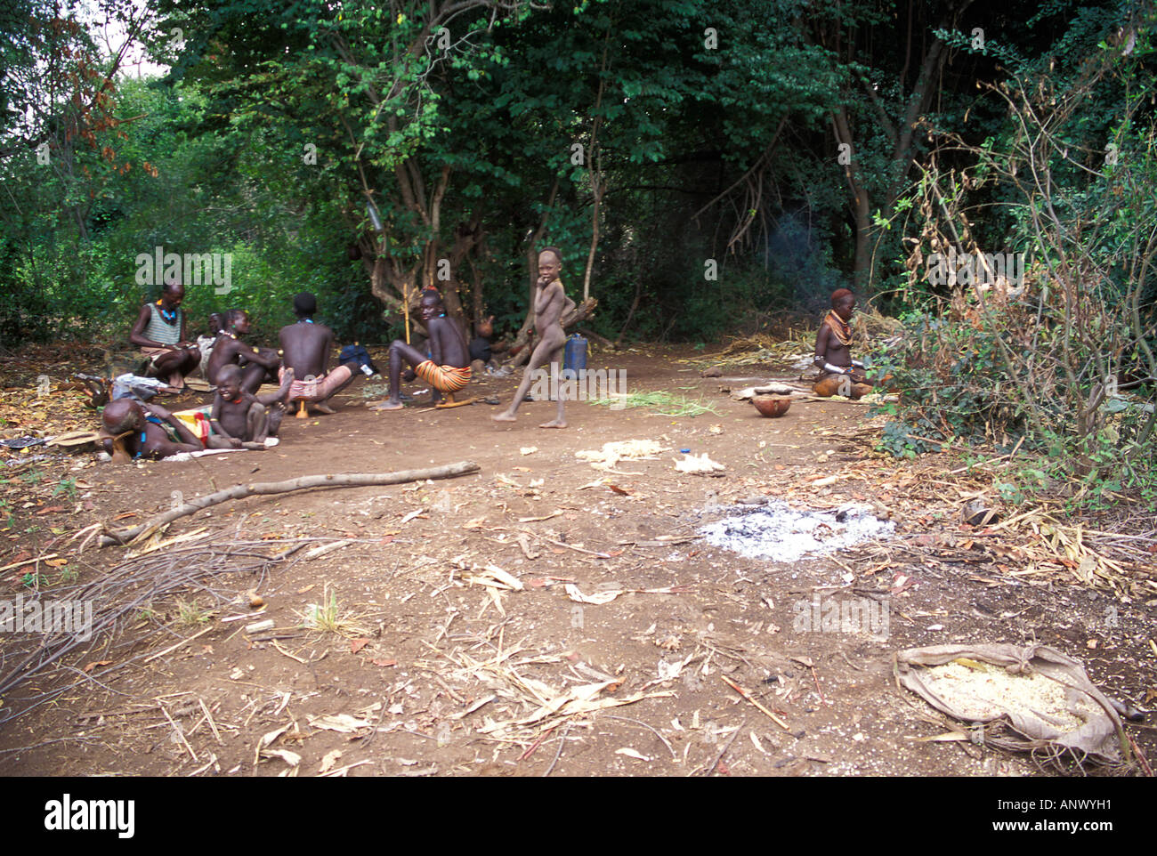 Africa, Ethiopia, Omo river region, Daily life in a Mursi village Stock ...