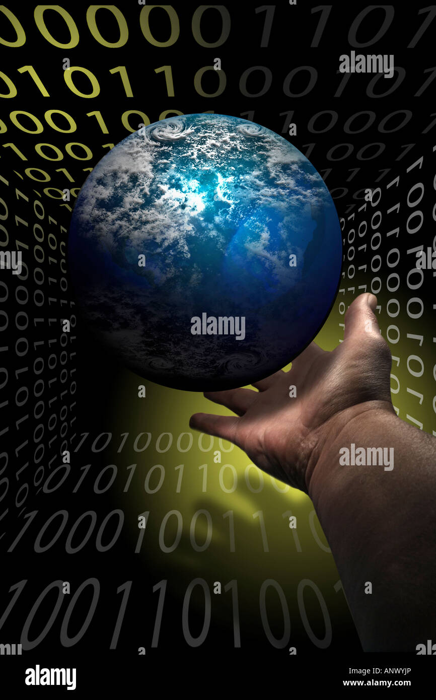 Binary numbers frame a image of a planet with light and shadows Stock ...