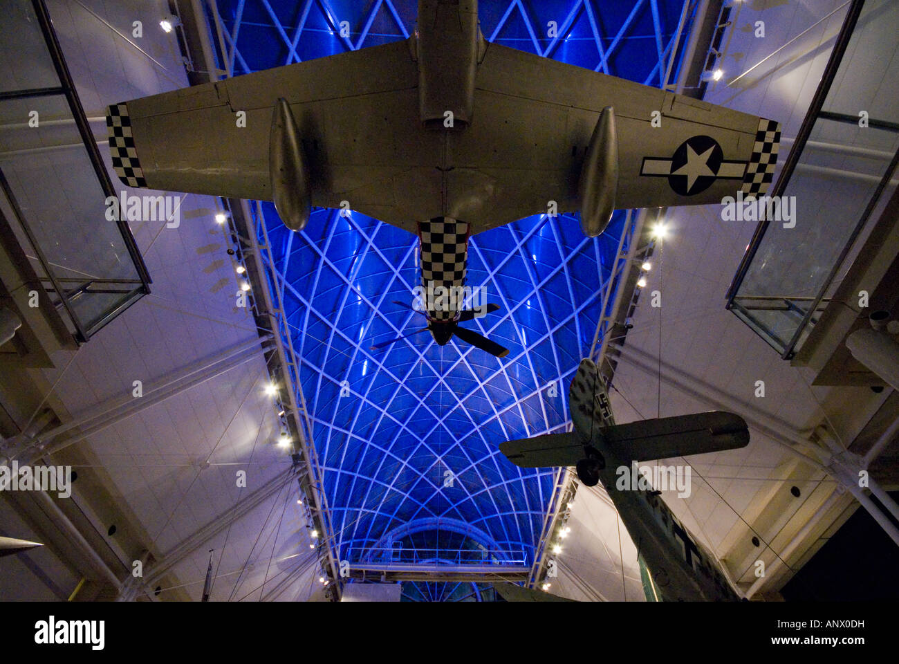 airplain three-bladed wing drom under blue ceiling in the imperial war ...