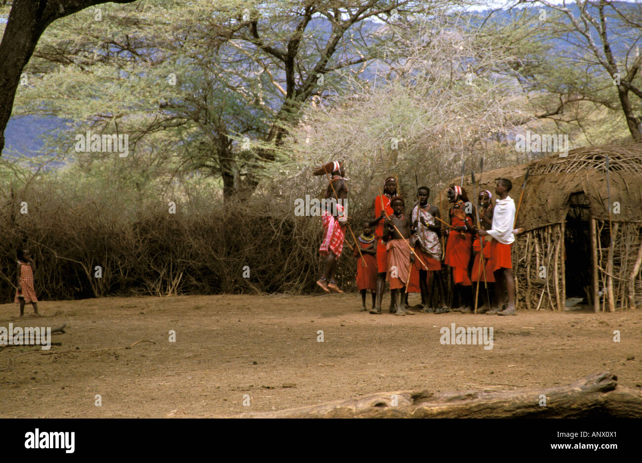 Africa, Kenya, Masai Mara. Masai Kraal Manyatta, jumping Masai, houses ...