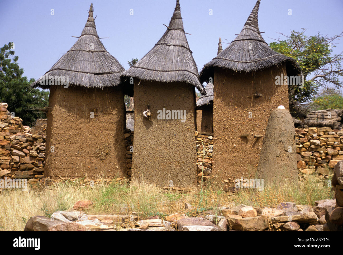 Three Dogon huts in the village of Koundou, in Mali, Africa Stock Photo ...