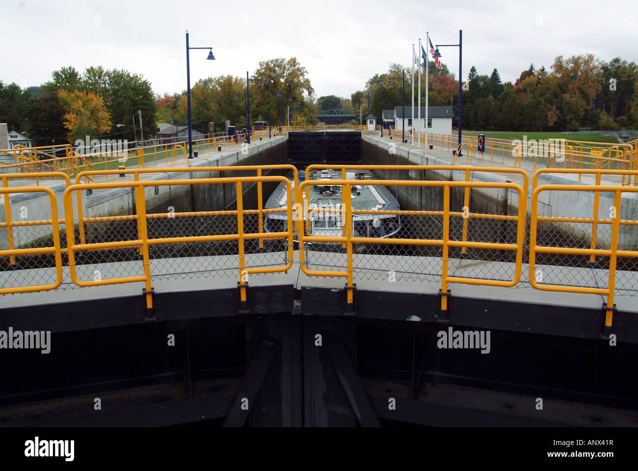 Erie Canal Waterford New York NY gate opening on lock to allow a ship ...