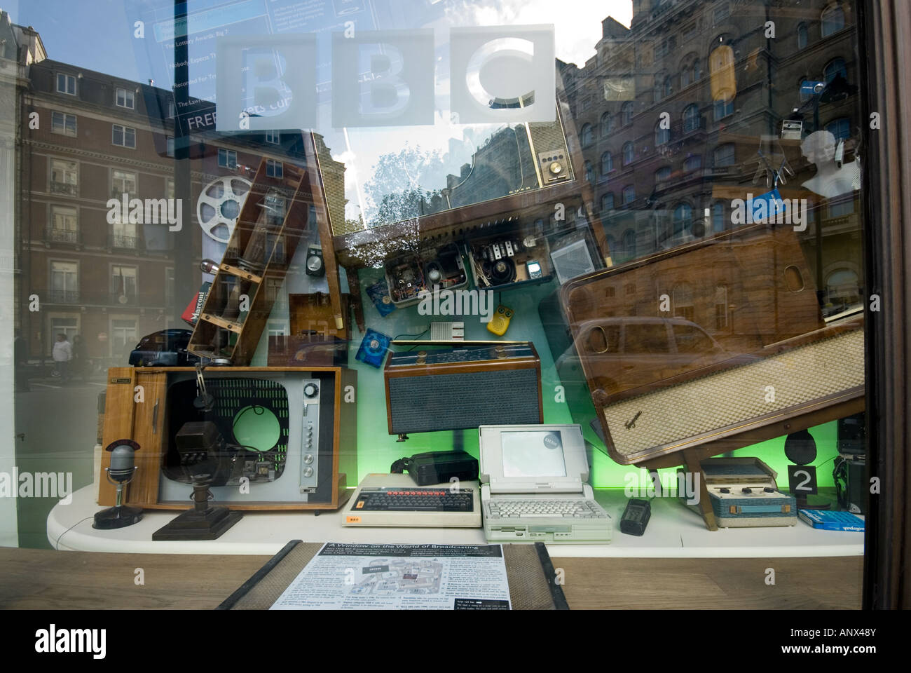 BBC Headquarters window with old radio mic London Stock Photo - Alamy