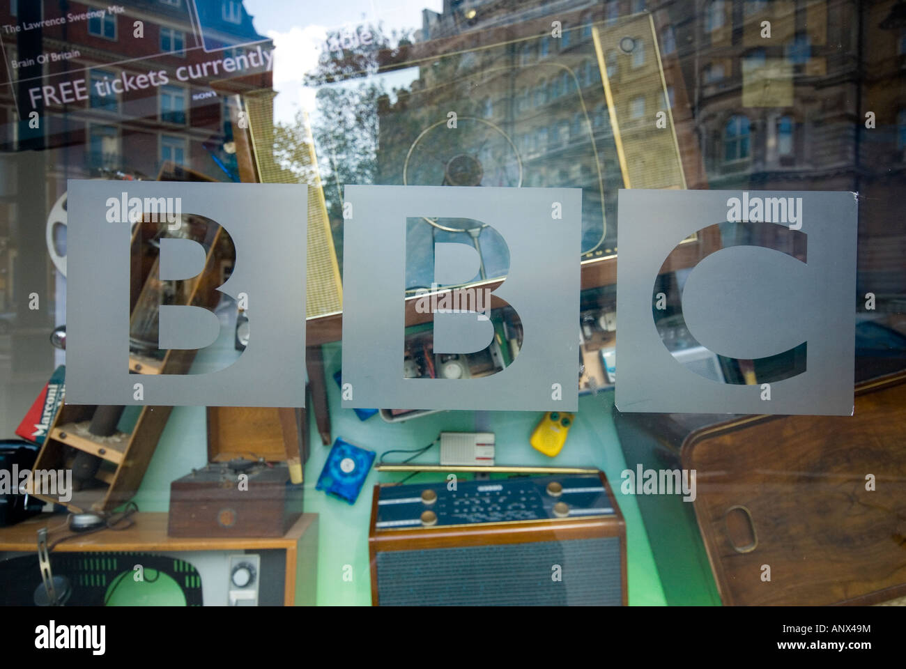 BBC Headquarters window with old radio mic London Stock Photo - Alamy