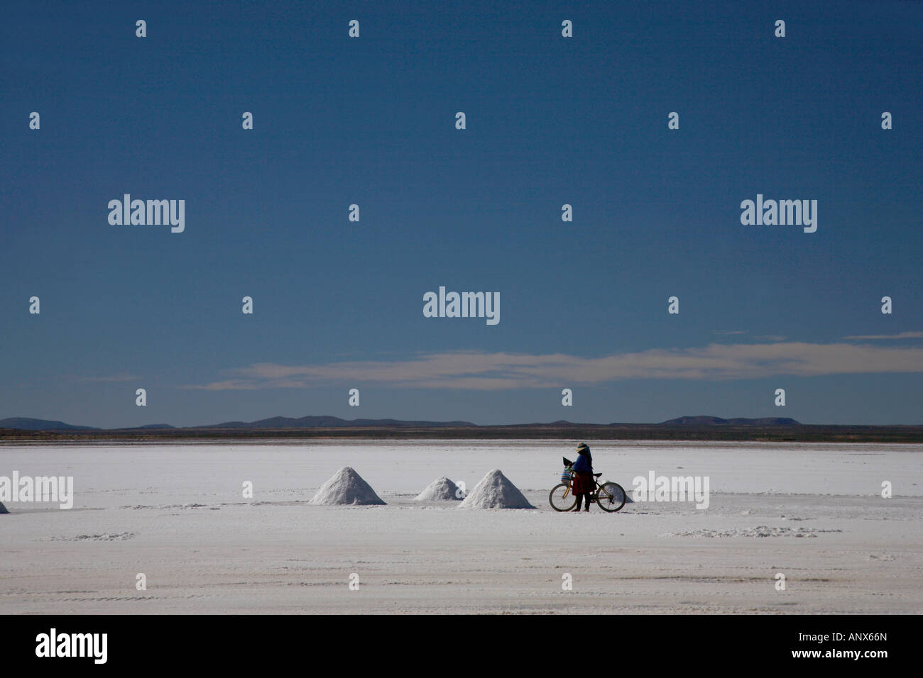 Bolivian woman with bike, salt flats, Bolivia Stock Photo - Alamy