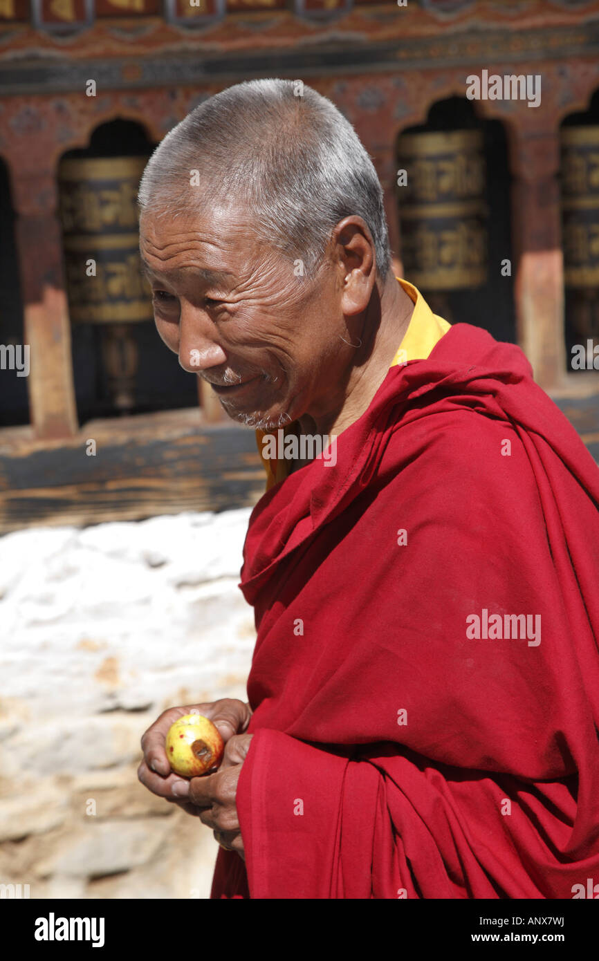 monk in the monastery Changgang Chakhang, Bhutan, Thimpu Stock Photo ...