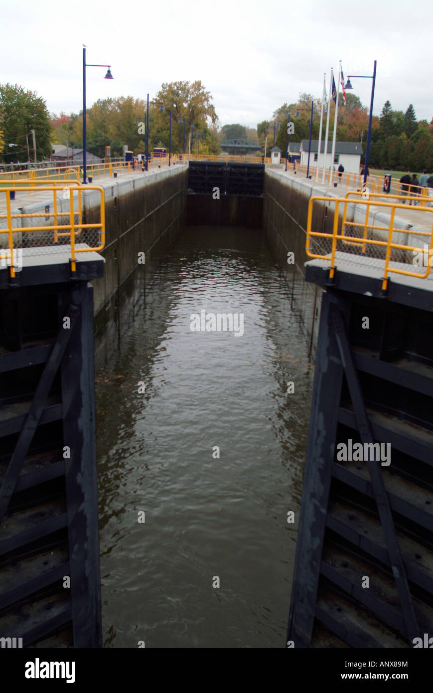 Erie Canal Waterford New York NY gate opening on lock to allow a ship ...