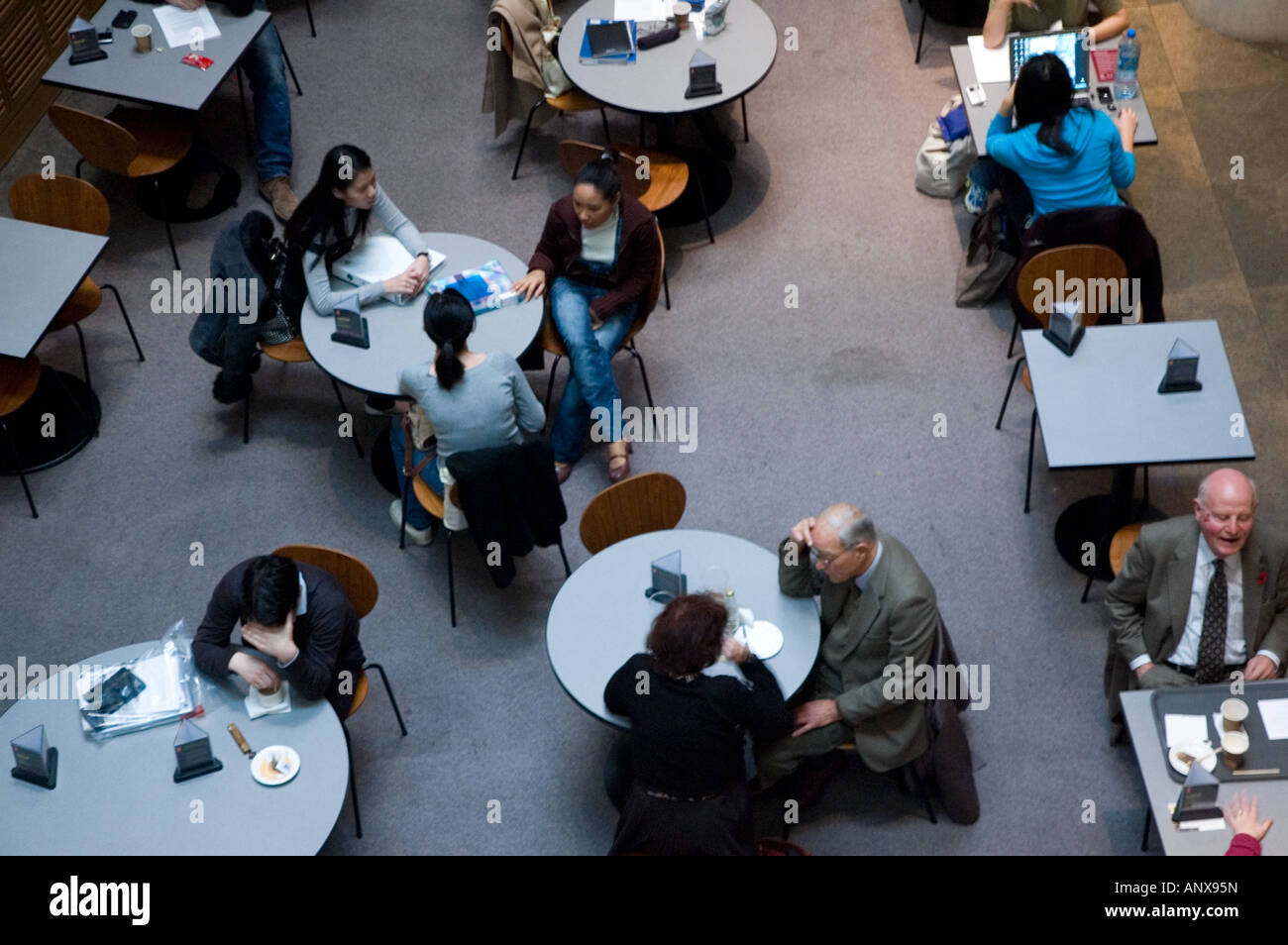 British Library people drink a coffee in a restaurant from above London ...