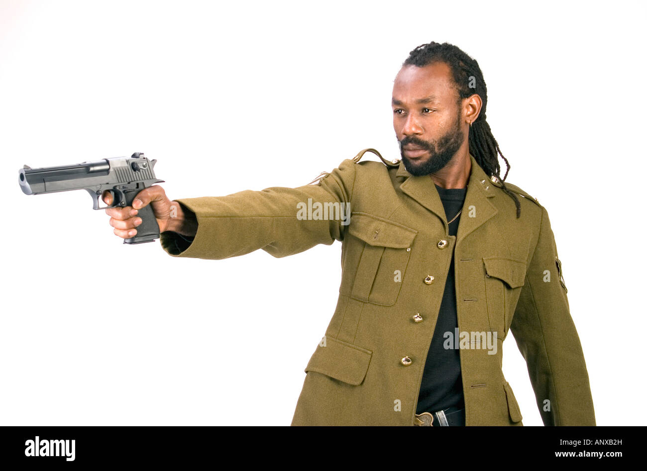 A Black man in a Army jacket with a gun isolated on a white background ...