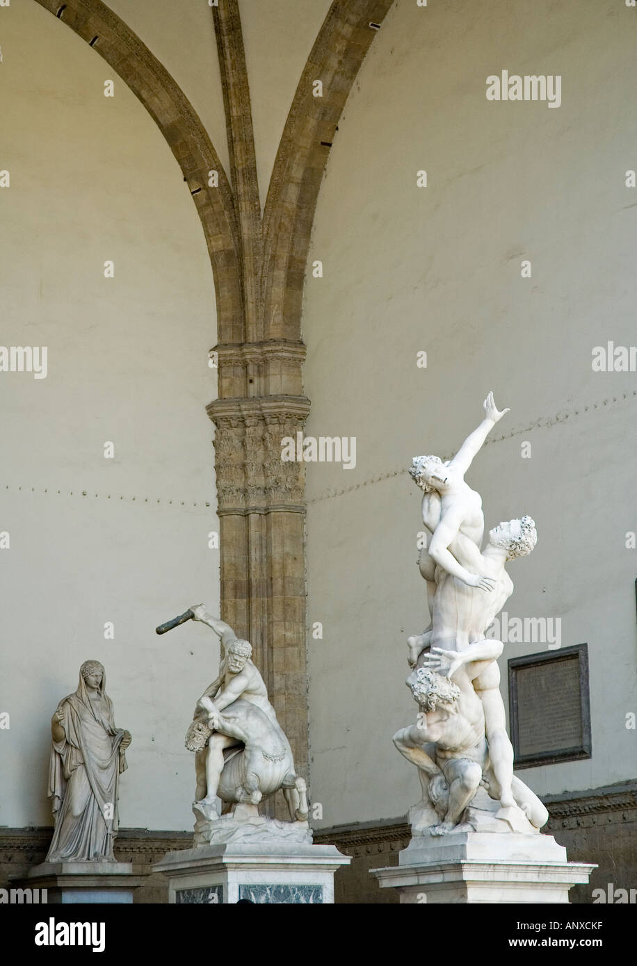 A vertical picture showing some of the statues in the Loggia dei Lanzi ...