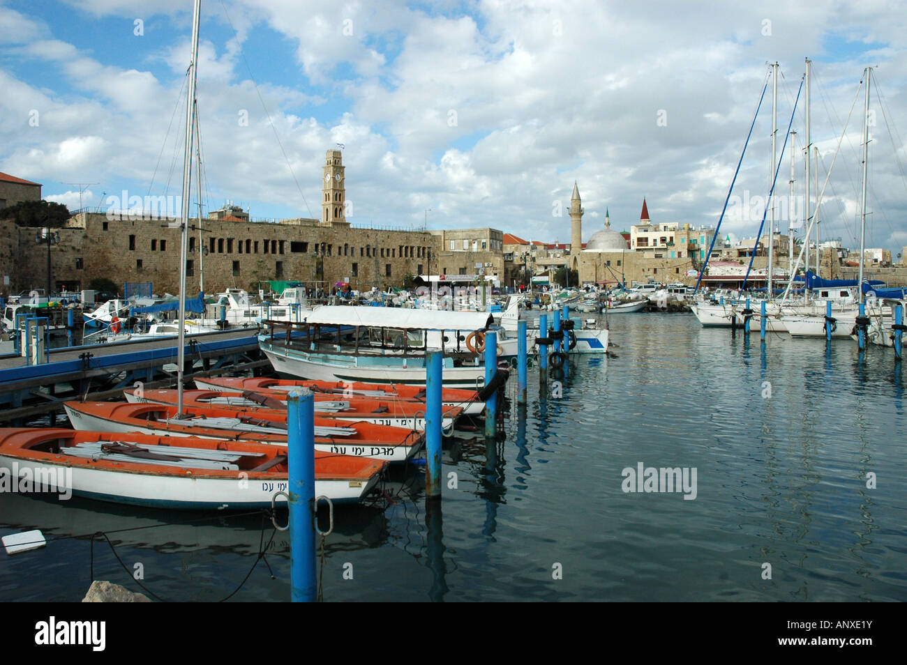 Israel Acre The fishermens harbour The old city in the background Stock ...
