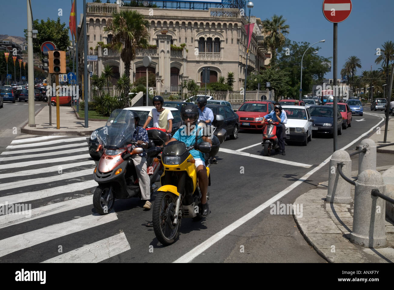 Scooters Motor Bikes at Traffic Lights Messina Sicily Italy Stock Photo ...