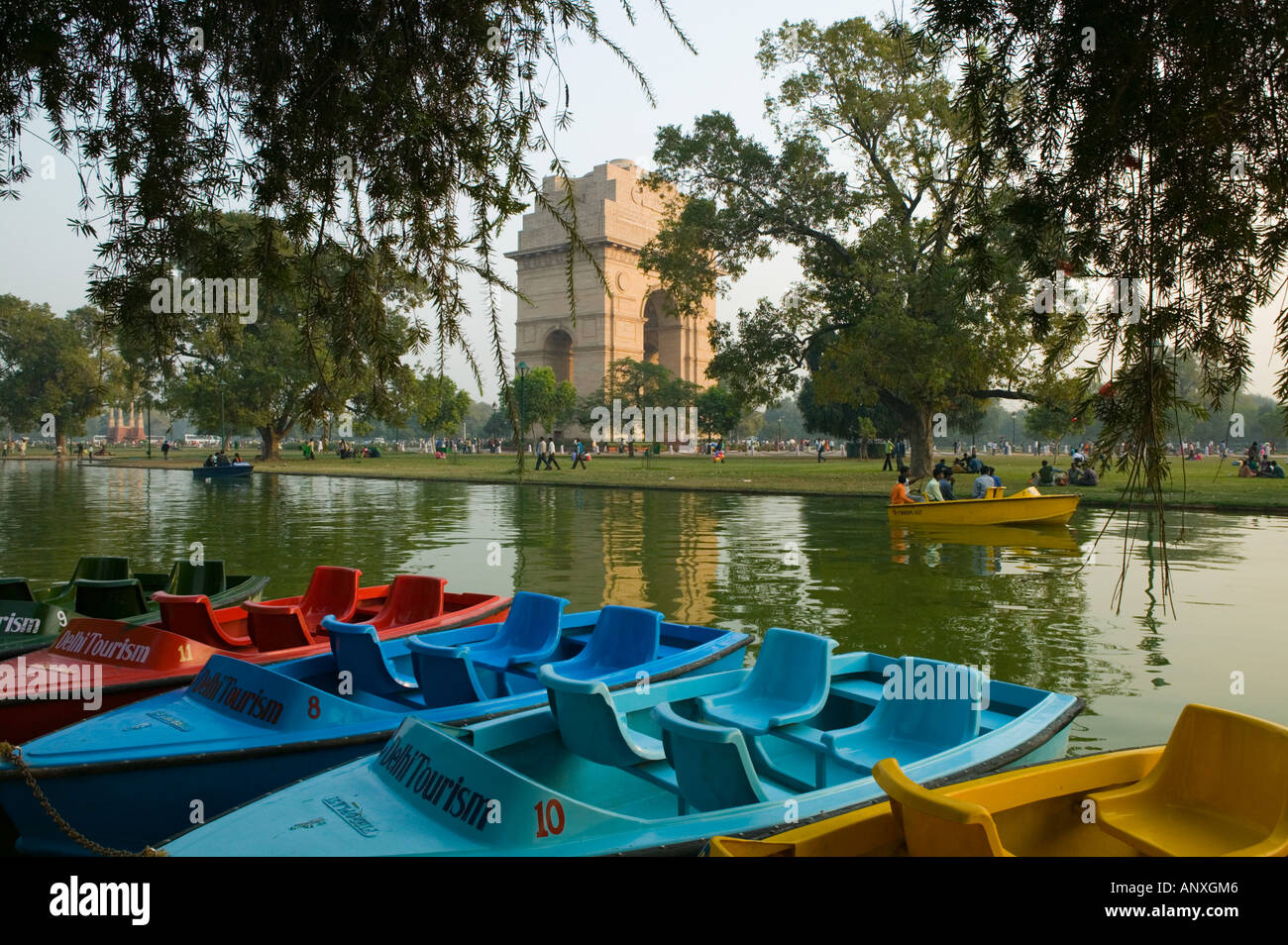 INDIA, Central Delhi: Indian Gate Memorial Arch and tourist boats (NR ...