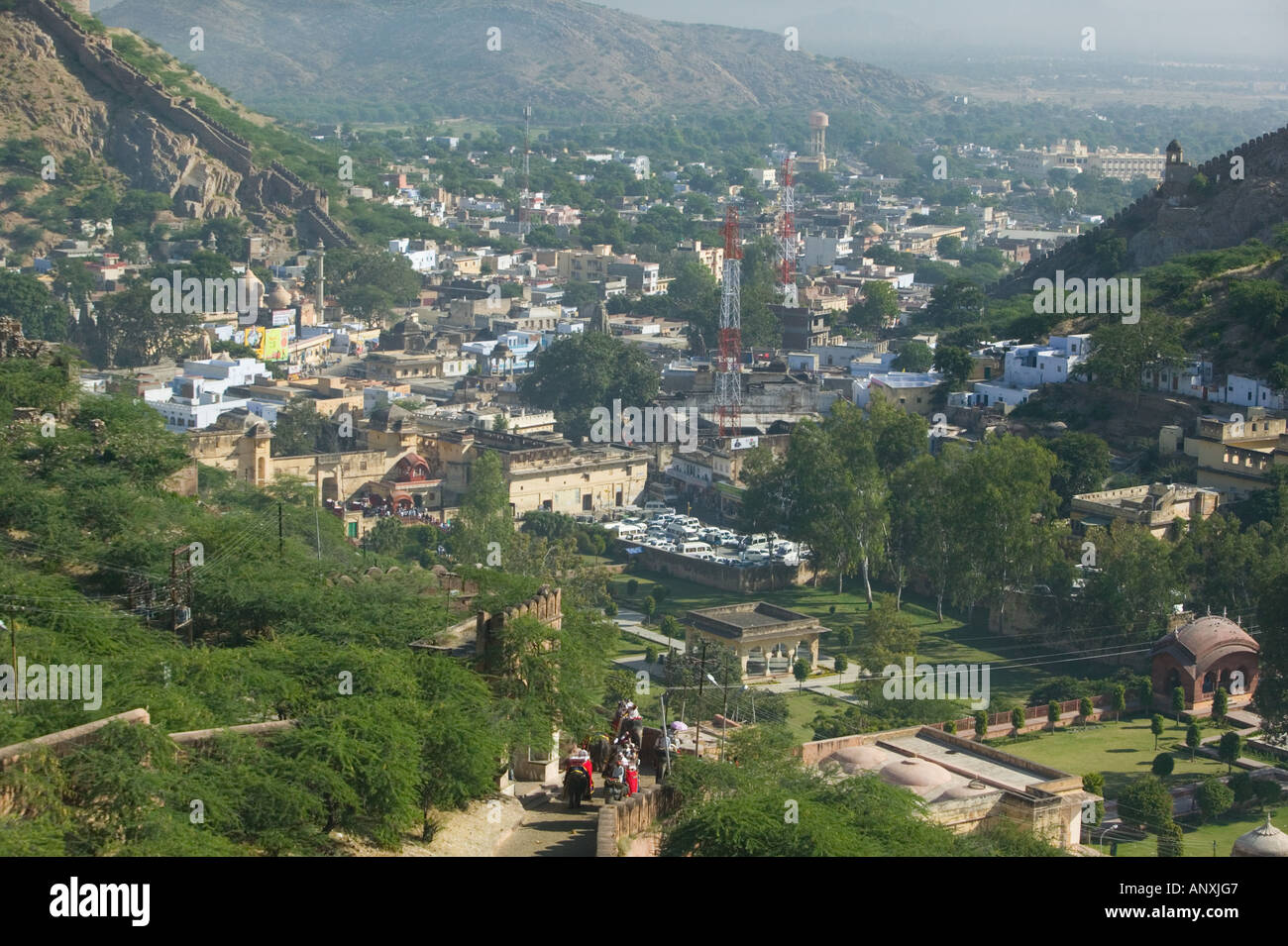 INDIA, Rajasthan, Jaipur: View of village of Amber from Amber Fort ...