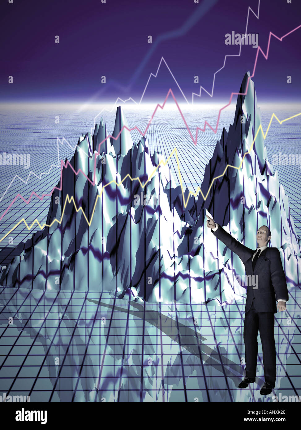graphic photo illustration showing mountain range and man pointing to ...