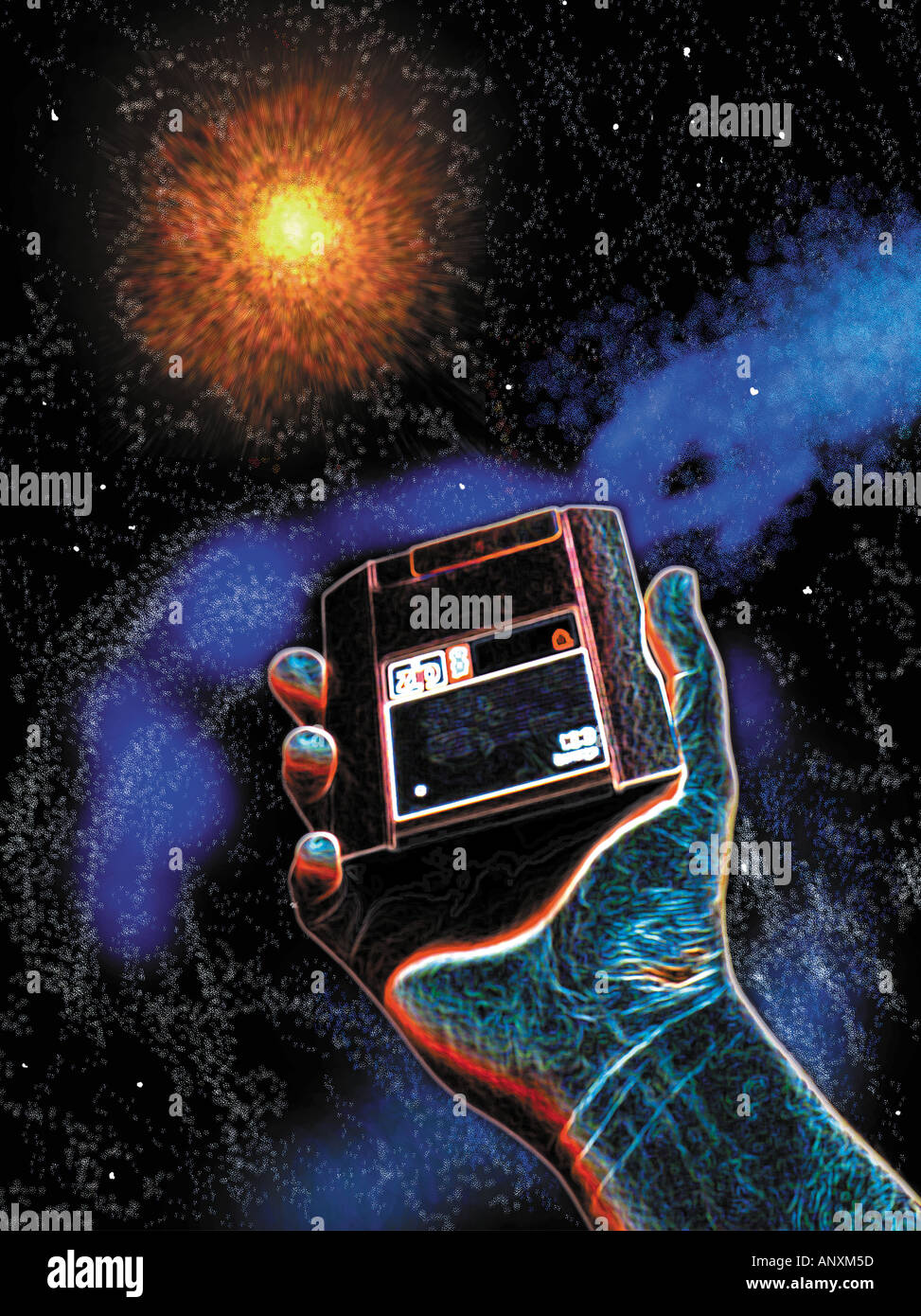 hand holding zip disk cartridge against space stars background abstract ...