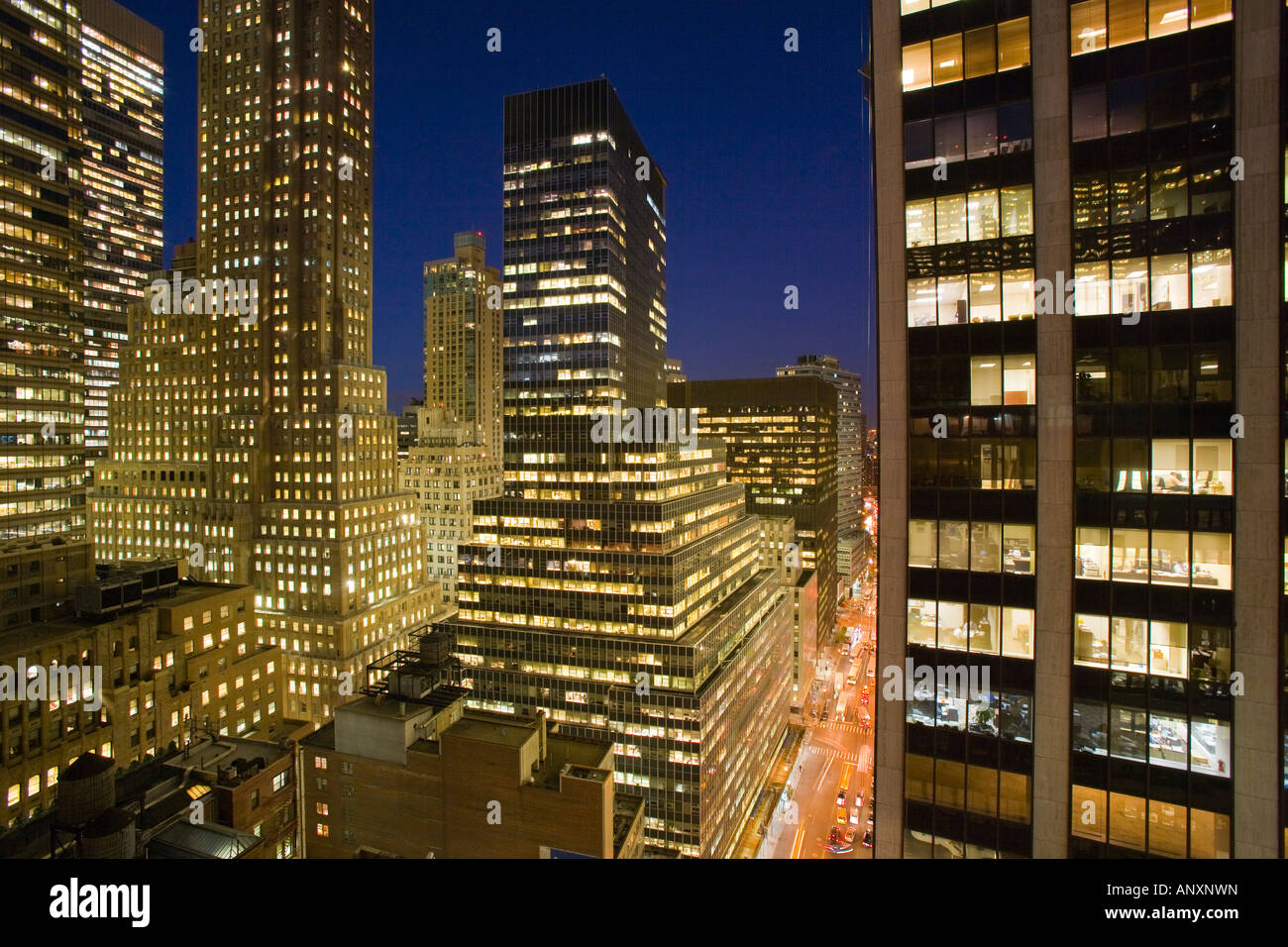 Office buildings at night in the Financial District of Manhattan Stock ...